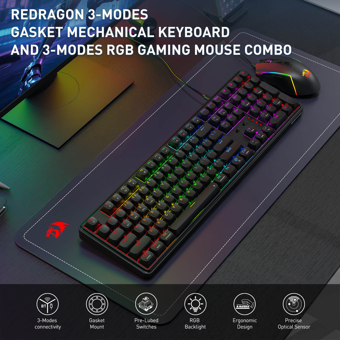 Redragon S163 Wireless Gaming Keyboard & Mouse Combo (3-Mode ...
